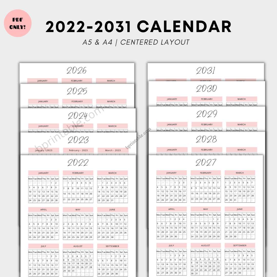 2022-2031 One Page Calendar | bprintable.com