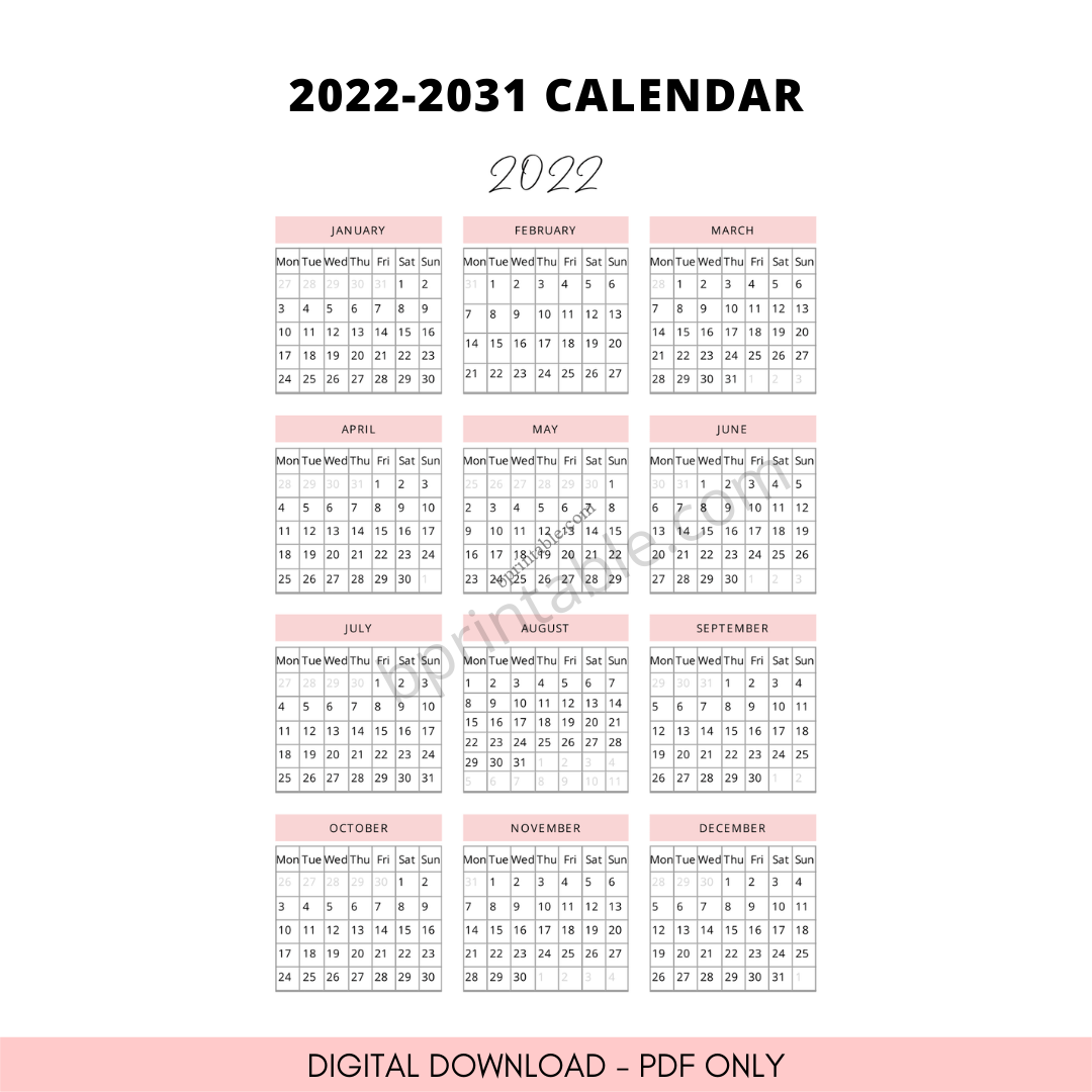 2022-2031 One Page Calendar | bprintable.com