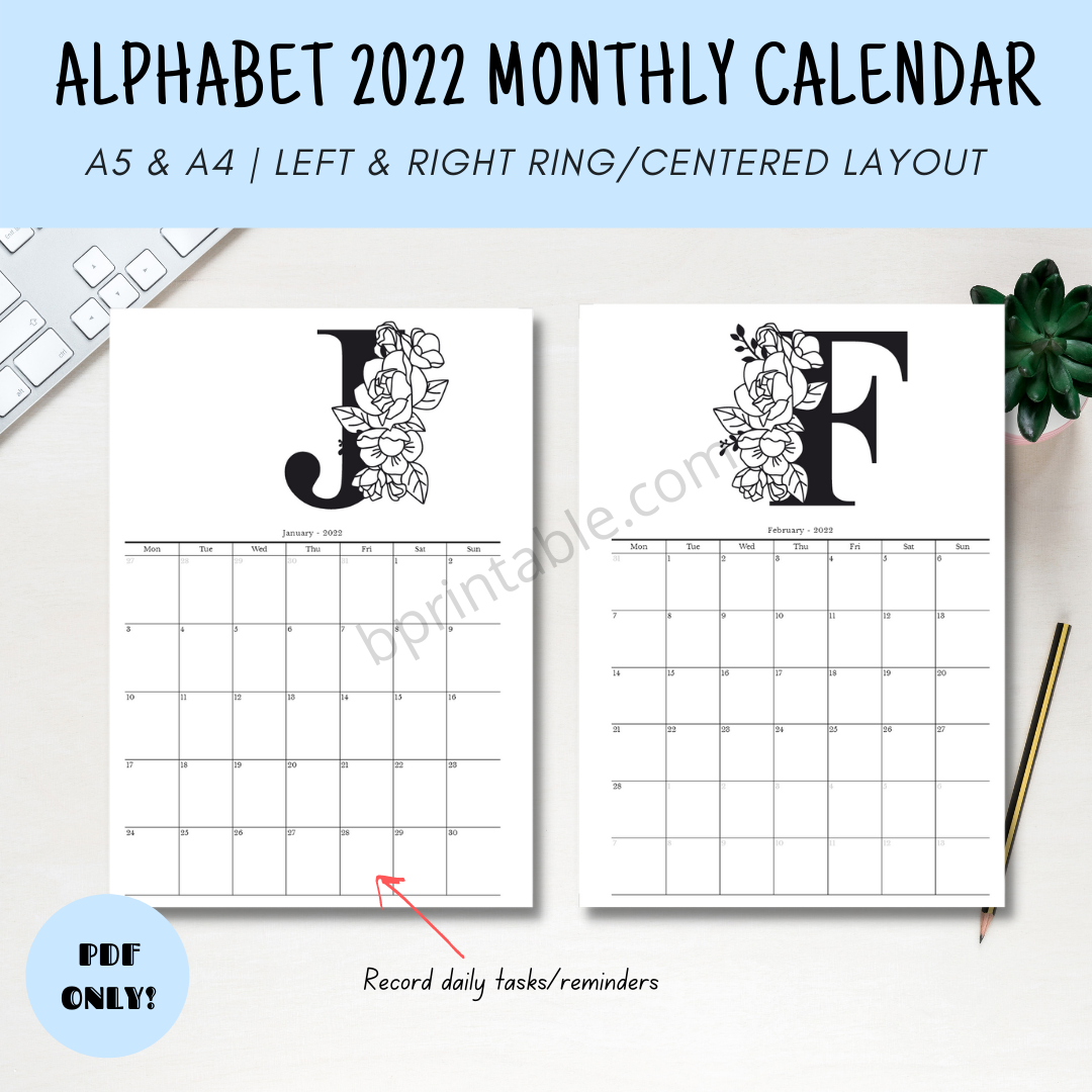 Alphabet Calendar – Printable PDF with Design.